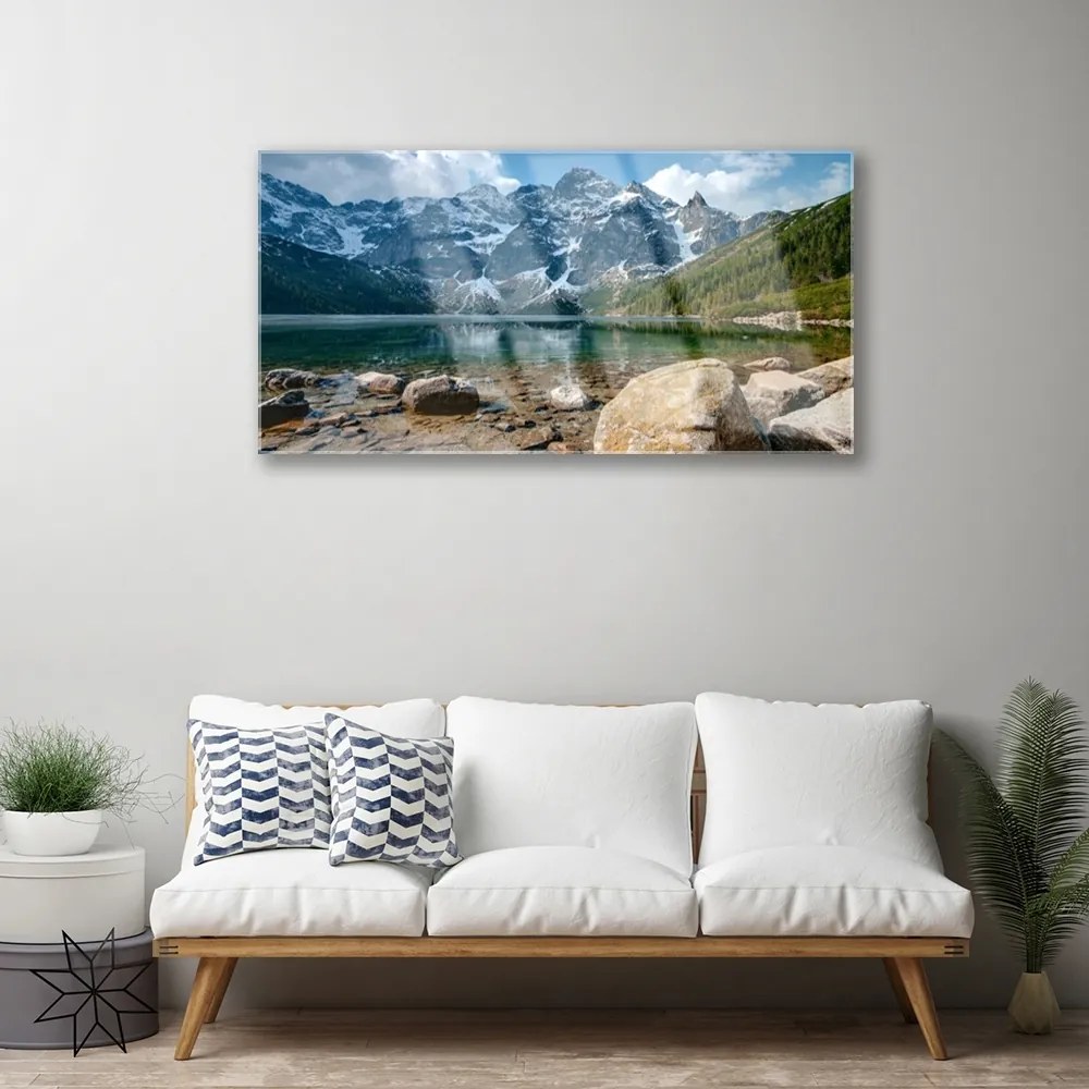 Obraz na skle Hory Les Jezero Kameny 140x70 cm