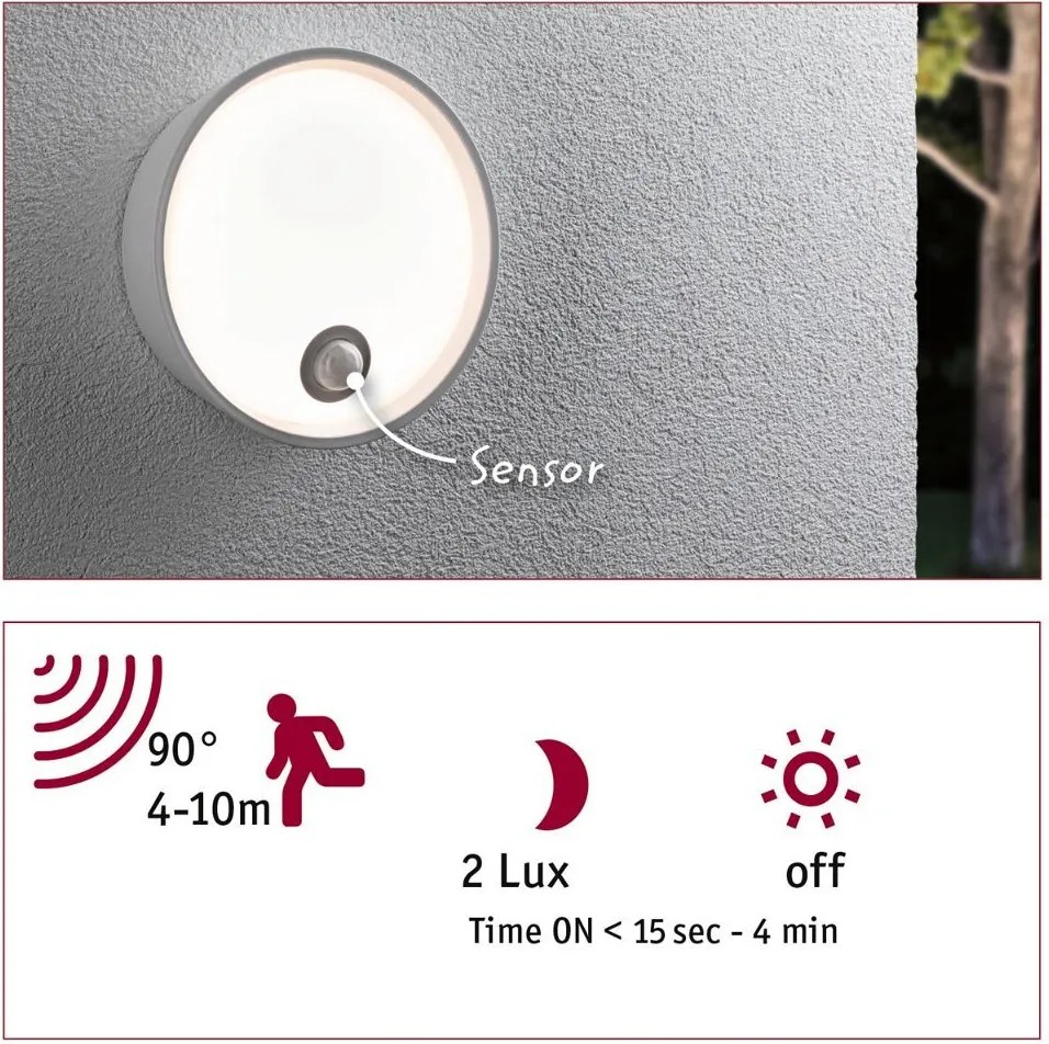 P 94699 LED venkovní nástěnné svítidlo Platomo pohybové čidlo IP44 kruhové 180mm 3000K 14,5W 230V bílá umělá hmota - PAULMANN