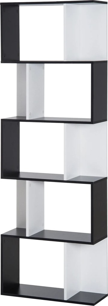 HOMCOM 5-patrová knihovna ve tvaru S, moderní design pro obývací pokoj a kancelář 60x24x184,5 cm Černá a bílá