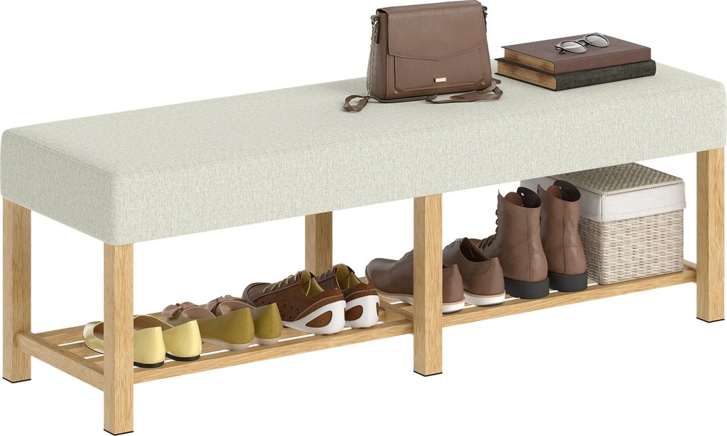 HOMCOM lavice na boty — moderní předsíňová lavice s čalouněným sedákem pro 2 osoby, otevřená police, rám z kaučukovníkového dřeva, 140 x 44 x 48 cm, k