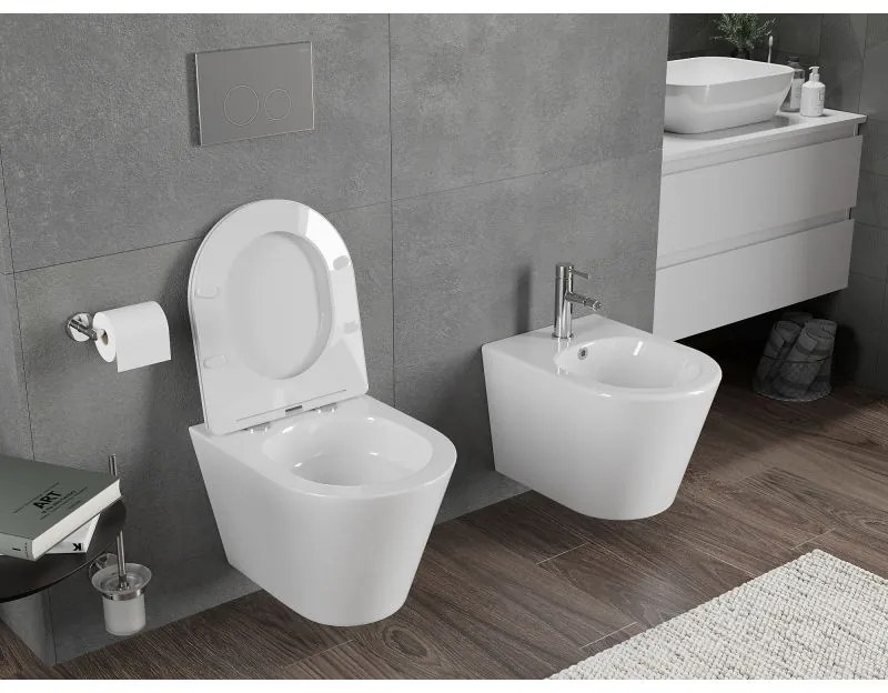 Mexen Rico, závěsná WC mísa 490x360x370 mm, Rimless Tornádo + WC sedátko z duroplastu, bílá lesklá, 30720300T