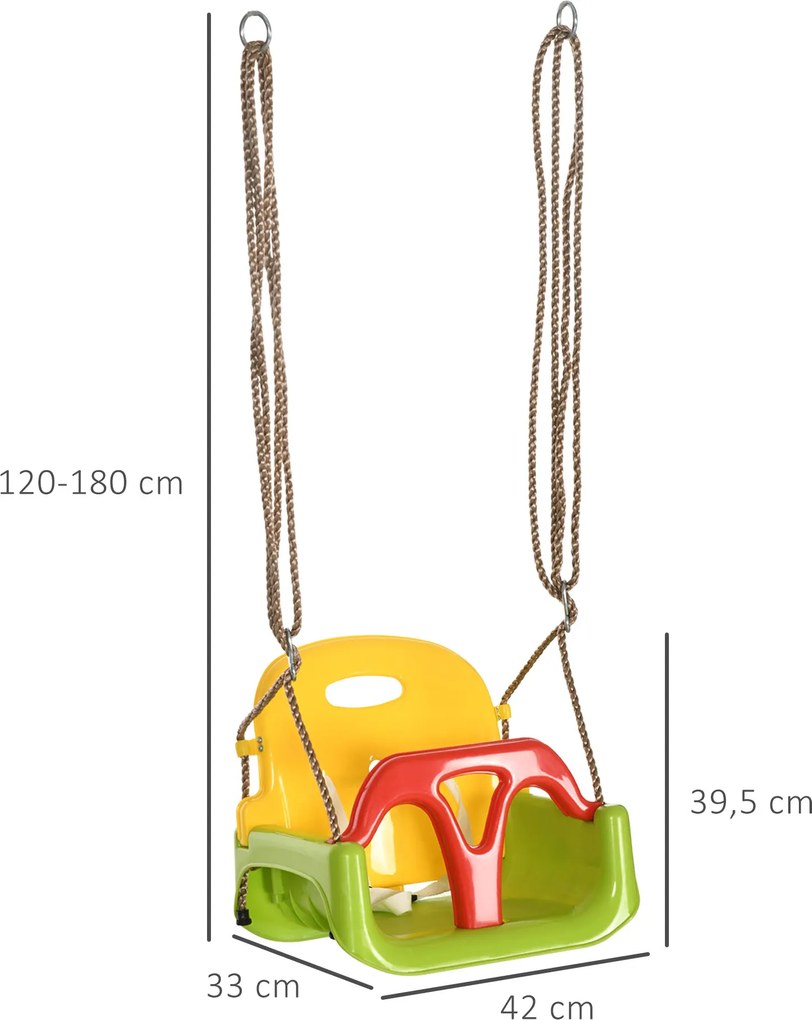 Dětská houpačka 3 v 1 nastavitelná dětská houpačka s opěradlem, bezpečnostní pásy, pro děti od 9-36 měsíců, zelená
