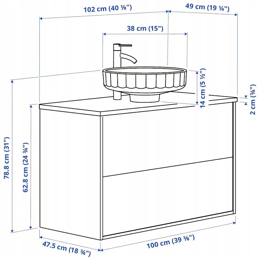 IKEA ANGSJON/LERSJON Skříňka s umyvadlem/baterie imitace dubu/bílá 102x49x79 Cm