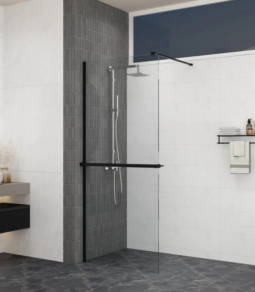 Erga Paris, sprchová zástěna Walk-In 30x200 cm, 8mm šedé sklo, černý profil, ERG-V02-PARIS-030x200-GR-BK