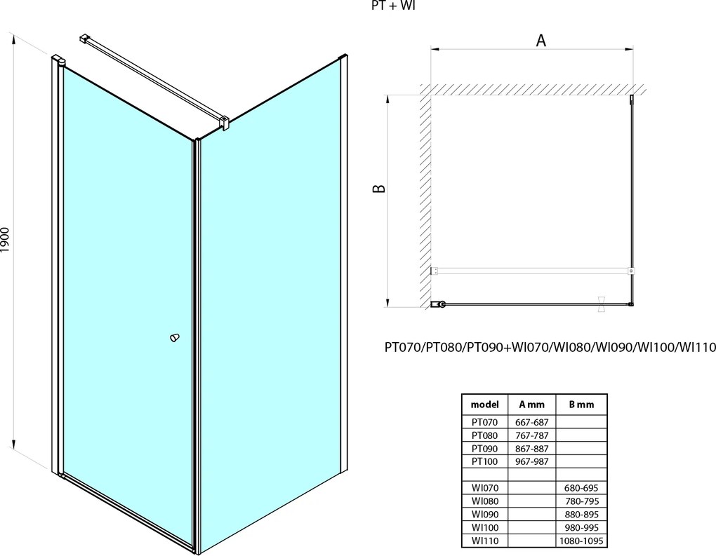 Aqualine Pilot čtvercový sprchový kout 80 x 80 x 190 cm otevírací aluchrom sklo brick PT080-01