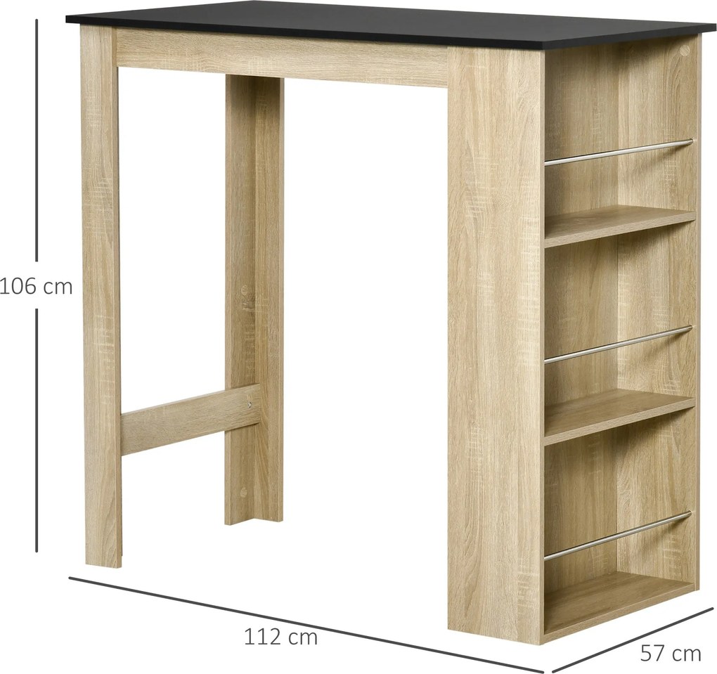 HOMCOM Vysoký Barový Stůl - dim. 112D x 57Š x 106V cm - 3 police - světlý dub-černý povrch | Aosom