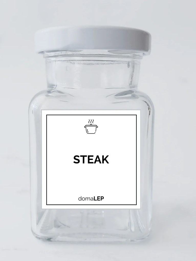Samolepka na kořenky STEAK bílá 5 × 5 cm tučné písmo