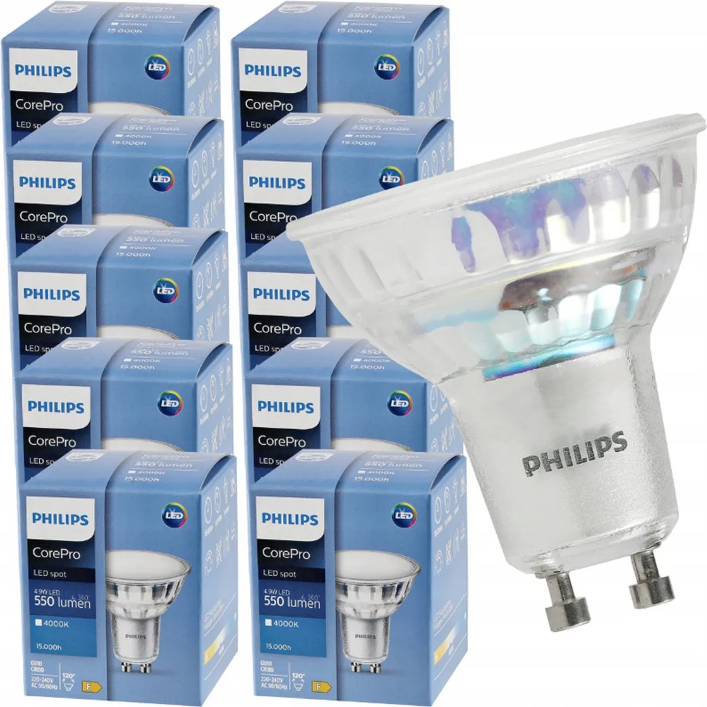10x GU10 LED žárovka PHILIPS 4,9W 550lm 4000k prémiová