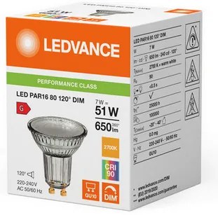 LED žárovka GU10 PAR16 LEDVANCE PARATHOM 7W (50W) teplá bílá (2700K) stmívatelná, reflektor 120°