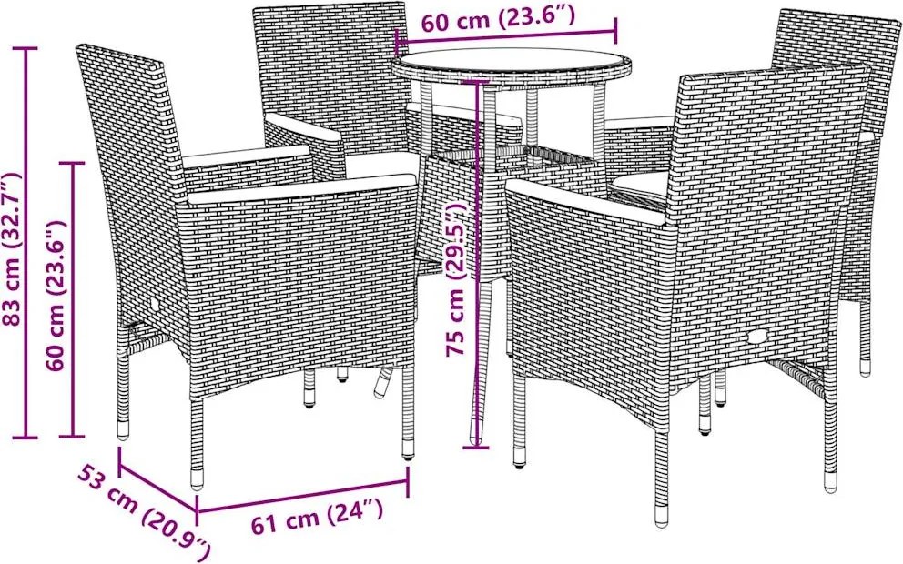 5dílný zahradní jídelní set s poduškami šedý polyratan a akácie 3278720