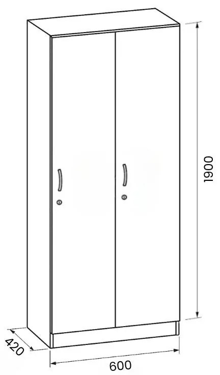 Dřevěná šatní skříňka S5, 2 oddíly, 1900 x 600 x 420 mm, sokl, cylindrický zámek, šedá/modrá