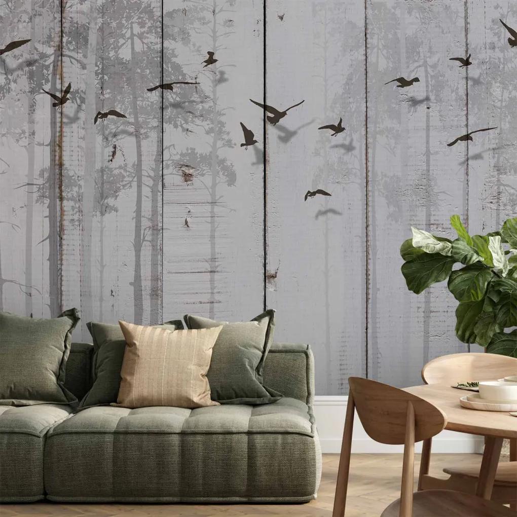 Fototapeta Minimalistický motiv - černí ptáci na bílém pozadí s texturou dřeva