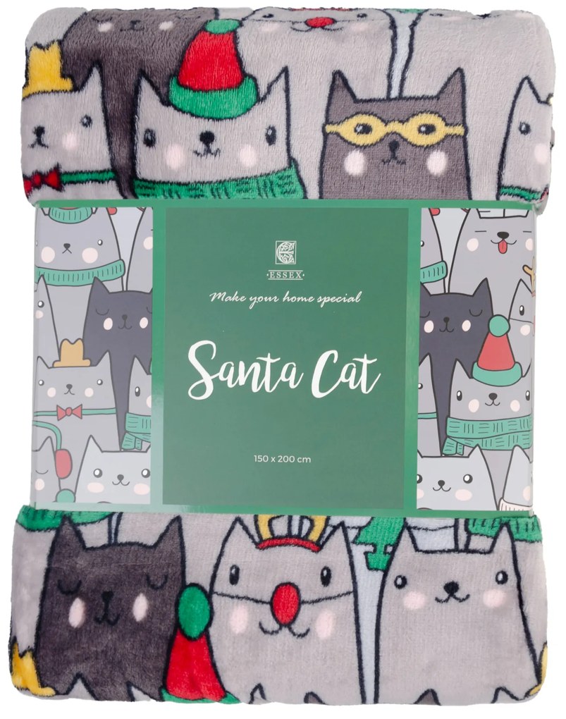 Vánoční deka z mikrovlákna SANTA CAT šedá 150x200 cm