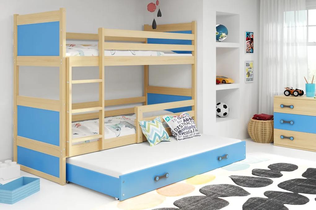 BMS Group Dětská patrová postel s přistýlkou RICO borovice Velikost postele: 200x90 cm, Barva šuplíku: Růžová