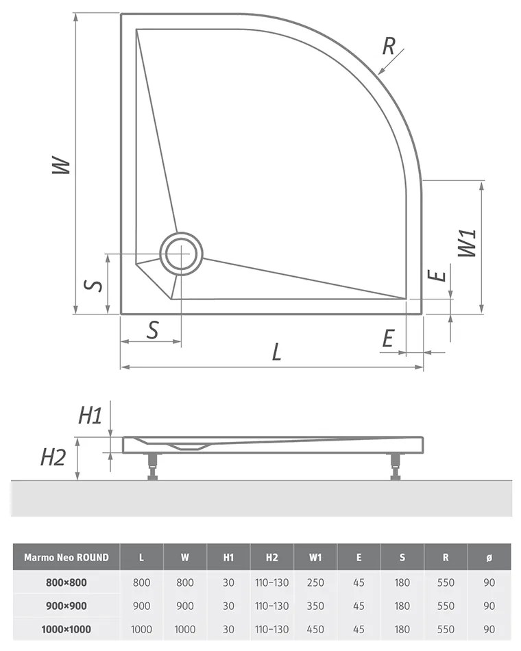 Roth MARMO NEO ROUND sprchová vanička 100 x 100 cm RO 100100 2E