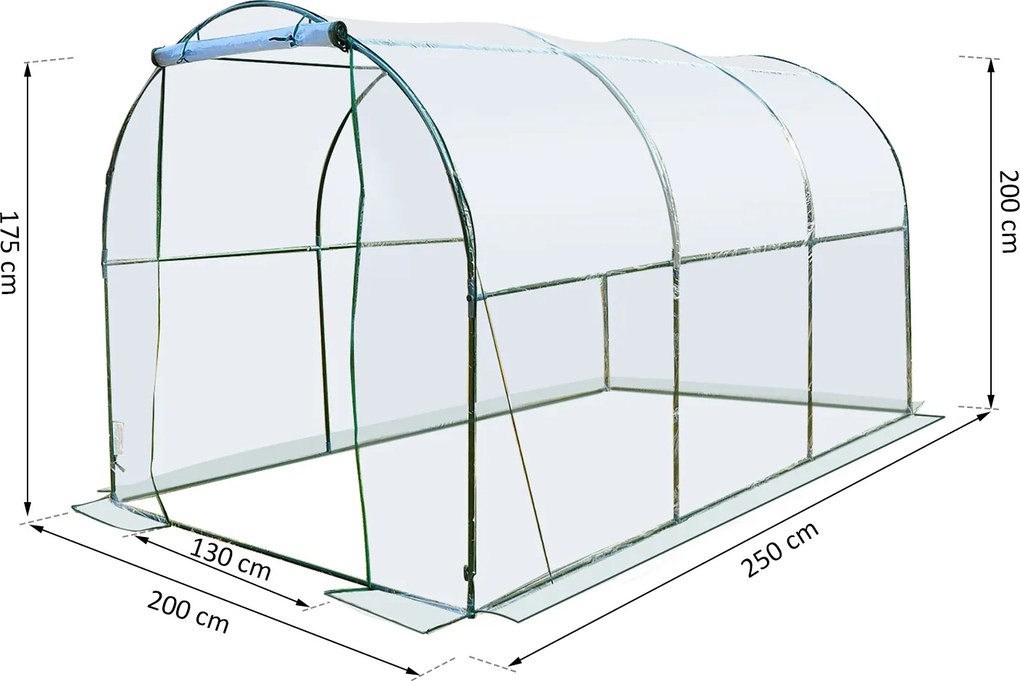 Outsunny Zahradní Tunelový Skleník, Balkonový Skleník pro Rostliny a Zeleninu s PVC Krytem, Rolovacími Dveřmi a Ocelovým Rámem, 2x2,5x2m
