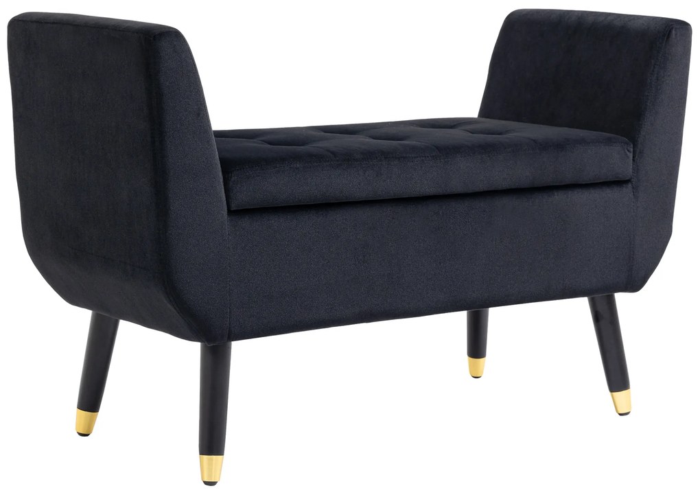 HOMCOM Luxusní čalouněná lavice s úložným prostorem a područkami, sametový polyester, kaučukové dřevo, černá, 107x42x65cm do obývacího pokoje a předs…
