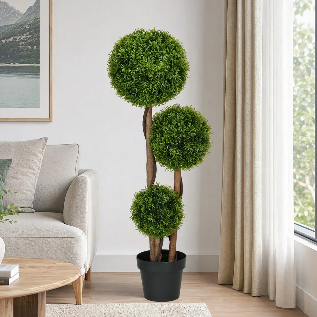 Umělý strom HOMCOM, Umělá rostlina, Zelený buxus se 3 koulí z bambusových listů, Včetně květináče, Pro vnitřní i venkovní použití, Výška 110 cm, Bez …
