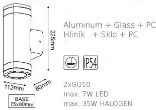 ACA Lighting Zahradní nástěnné svítidlo ELPIS max. 35W/2xGU10/230V/IP54, tmavě šedé