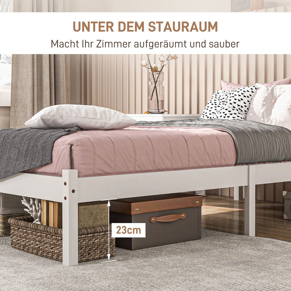 Dřevěný rám postele HOMCOM 208 x 96 cm s lamelovým roštem a čelem, elegantní rám jednolůžka do ložnice v bílé barvě