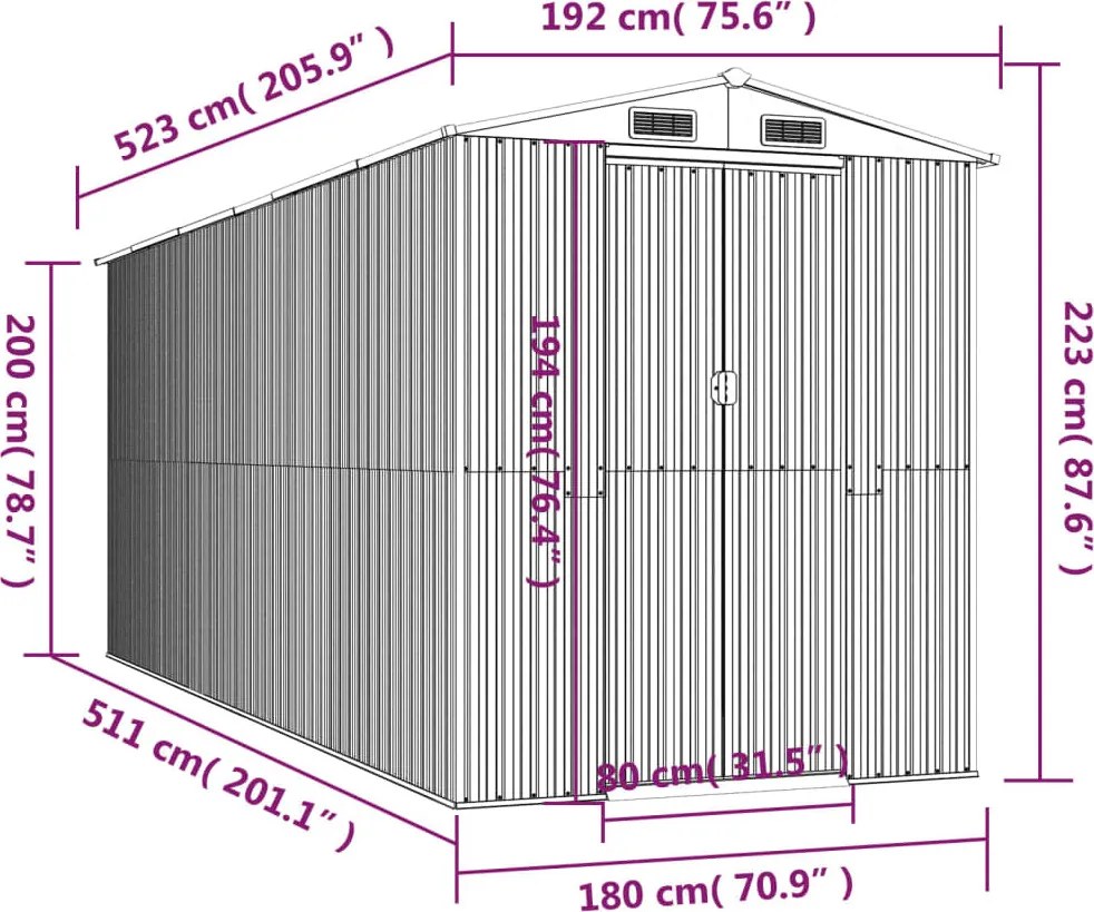 vidaXL Zahradní kůlna 192 x 523 x 223 cm pozinkovaná ocel [3147464] Barva: antracitová