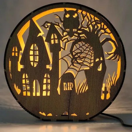 Dřevěná LED lampa Halloween - Strašidelný dům se sovou | SENTOP LED0619