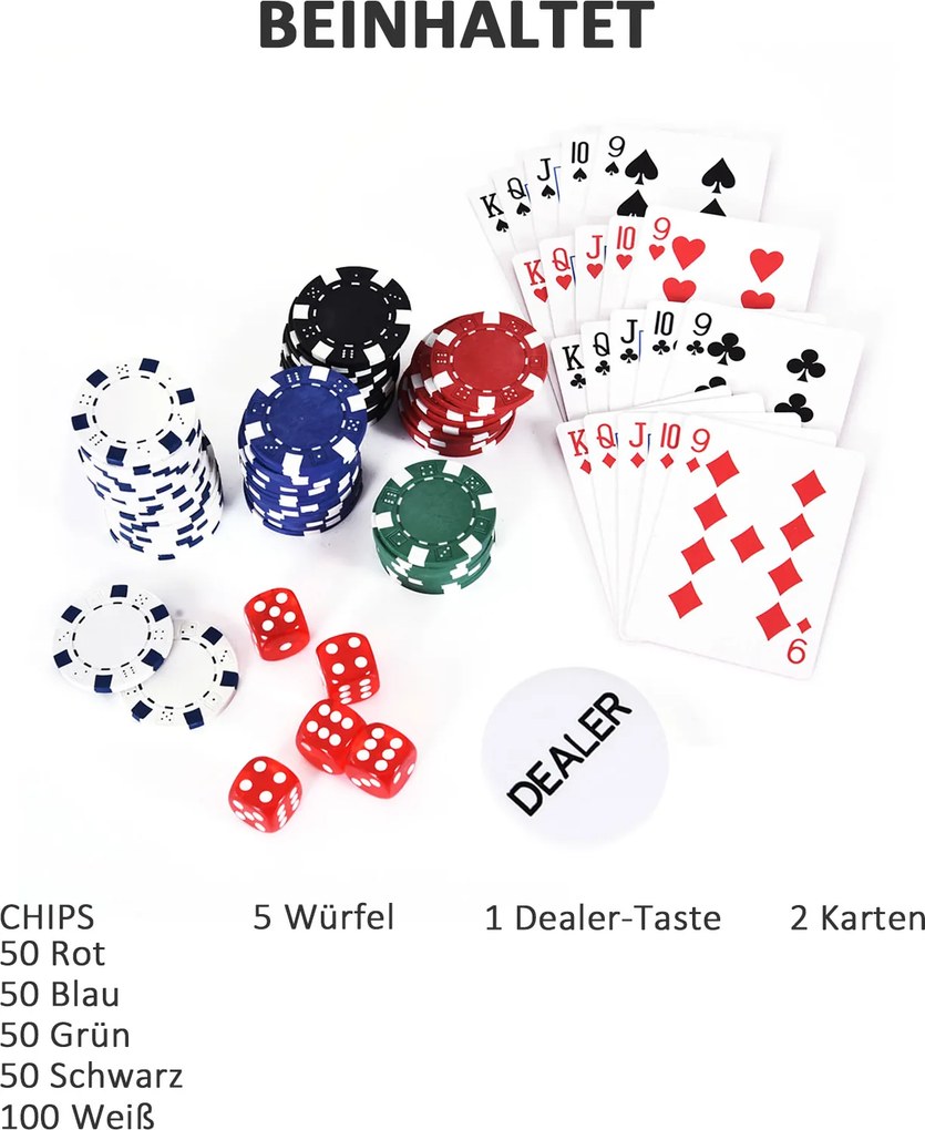 Sada pokerových kufříků HOMCOM s 300 žetony, 2 balíčky karet a 5 kostkami v hliníkovém kufříku, ideální pro kasinové večery, 38x20,5x6,5cm