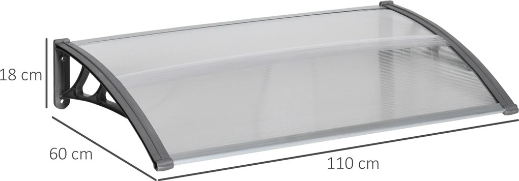 Stříška na dveře, ochrana proti dešti, větru a krupobití, polykarbonát, hliníkové spojovací tyče, 110 x 60 x 18 cm, šedá barva