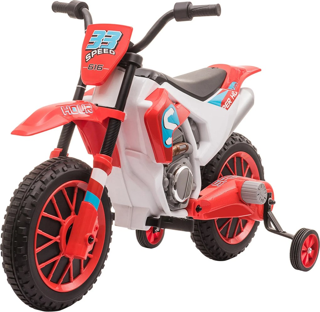 HOMCOM Dětská Elektrická Motorka 12V s 2 Odnímatelnými Stabilizátory pro Děti od 3 Let PP Kovová Červená+Bílá 106,5 x 51,5 x 68 cm | Aosom