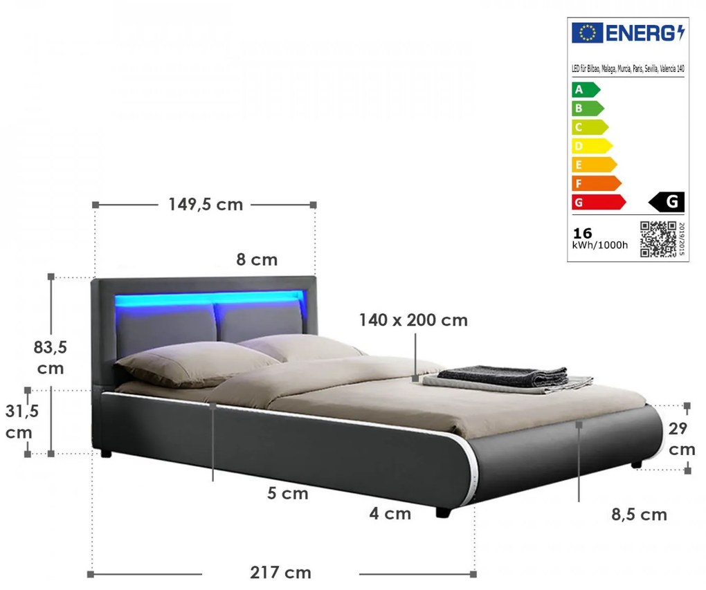 Goleto Čalouněná postel Murcia s LED osvětlením 140 x 200 cm | černá