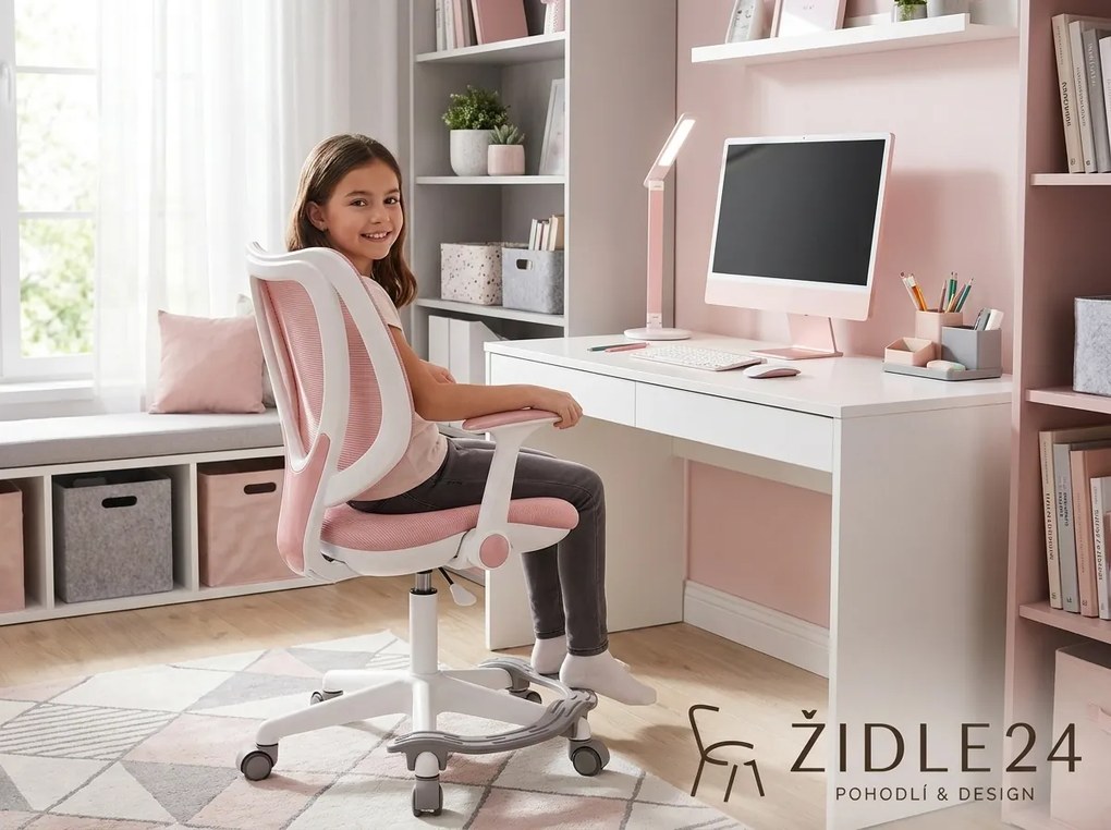 Dětská židle s podnožkou CORINNE - růžová síťovina