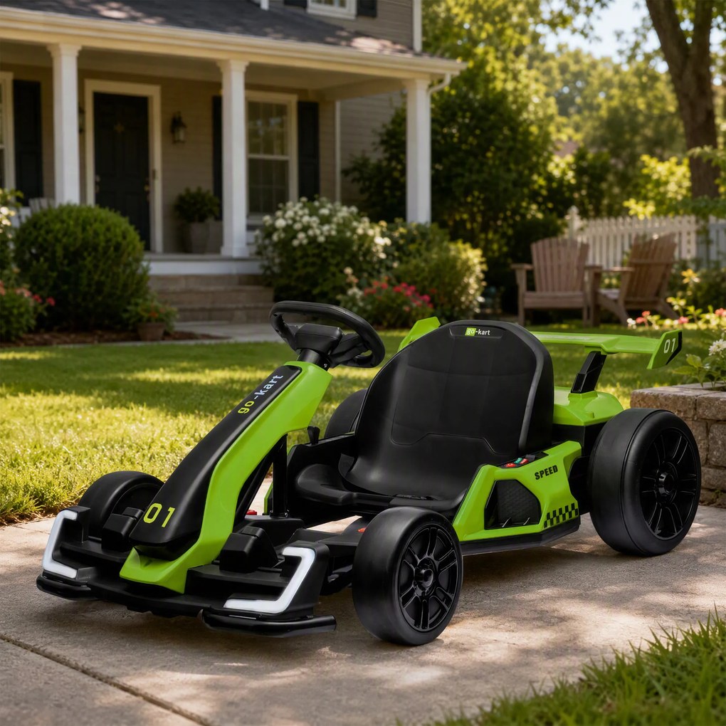 HOMCOM Elektrické Go-Kart pro Děti 6-12 Let 24V 6-12km/h s Nastavitelným Sedadlem, 2 Motory, Drift Go-Kart s Klaksonem, Světly a Hudbou, Zelené