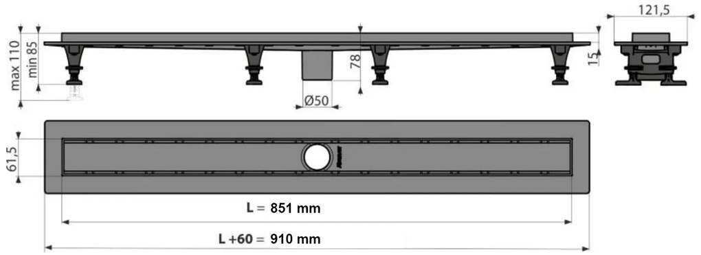 Alcaplast APZ2012 OPTION6 - 850 plastový sprchový žlab s otočným sifonem a oboustranným roštem