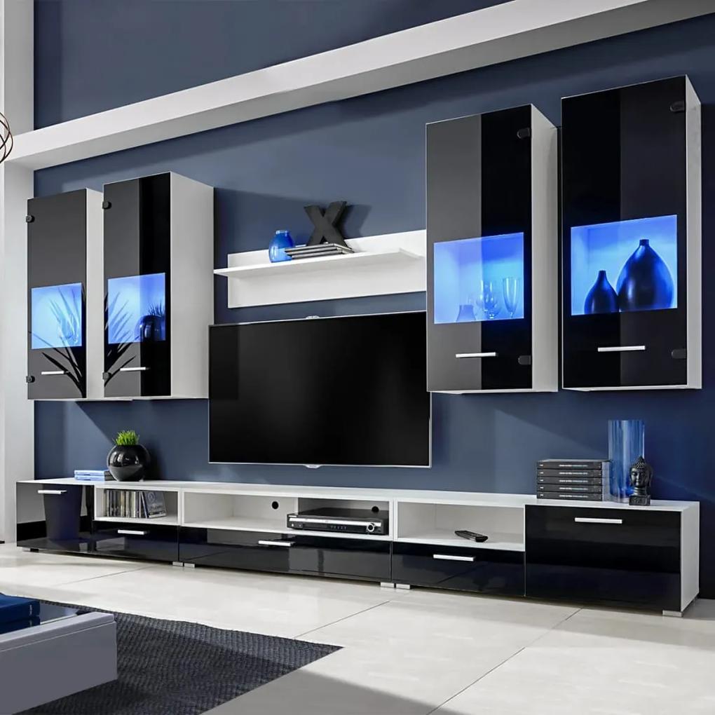 242575 vidaXL 8 ks Černá vysoce lesklá obývací stěna Vitríny LED osvětlení TV stolek