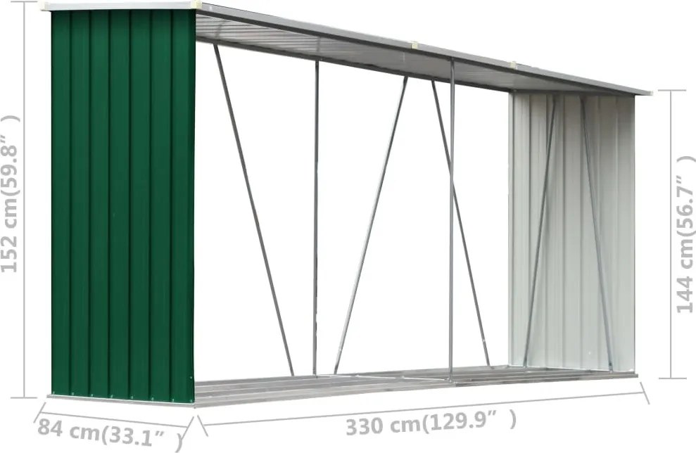 vidaXL Zahradní kůlna na dříví z pozinkové oceli 330x84x152 cm [47085] Barva: Zelená
