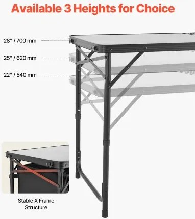Kempingový kuchyňský stůl, 3 nastavitelné výšky VEVOR