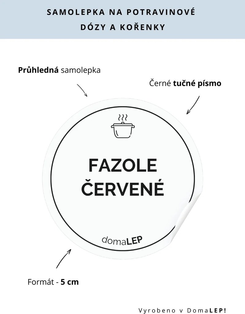 FAZOLE ČERVENÉ – průhledná samolepka na dózu, tučné písmo, 5 cm | DomaLEP