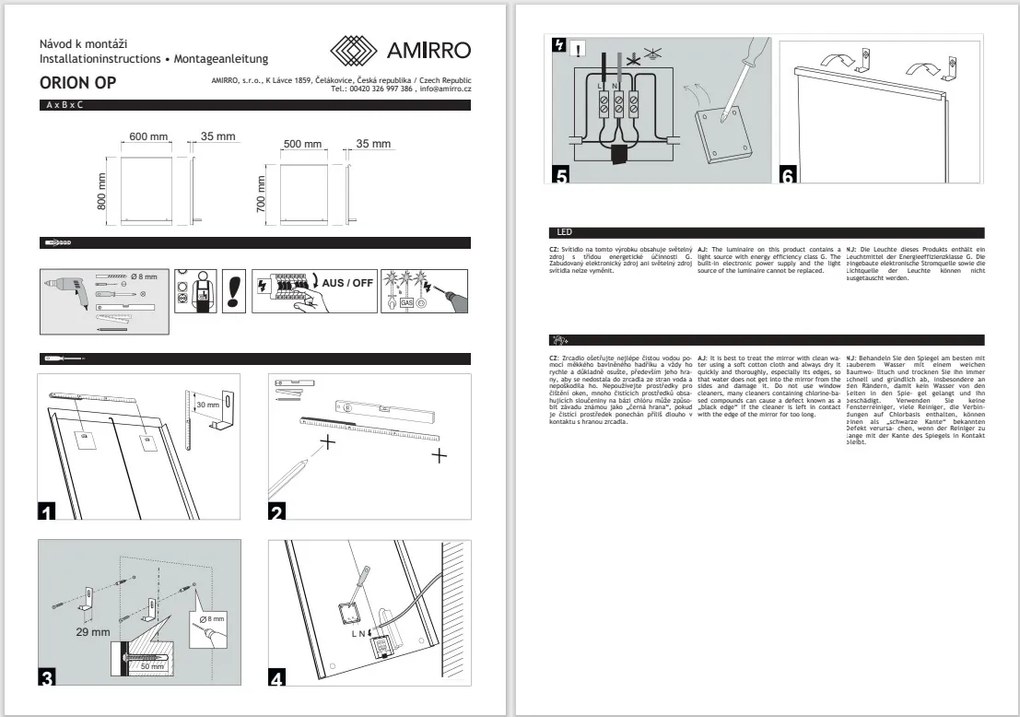 Zrcadlo na zeď dveře chodbu do pokoje ložnice koupelny předsíně ORION 50 x 70 cm s LED osvětlením a podsvícenou poličkou 901-374