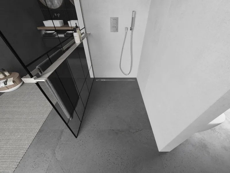 Mexen Kioto+, sprchová zástěna Walk-In s poličkou a věšákem 100 x 200 cm, 8mm čiré sklo černý vzor, ​​broušená ocel profil, 800-100-121-97-78