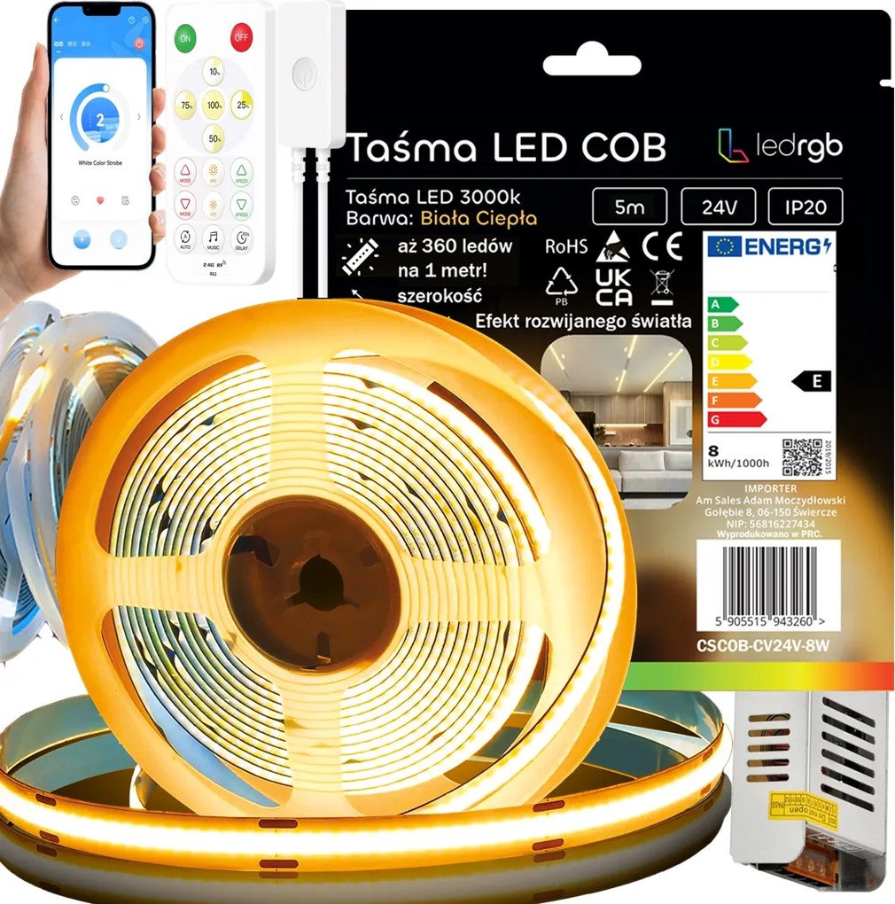 Set Led Páska Cob 5m 24V 360d Bílá Teplá 3000K Digitální Dálkový Ovladač Aplikace