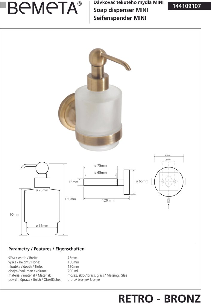 Bemeta Design RETRO bronz: Dávkovač mýdla, 200 ml -