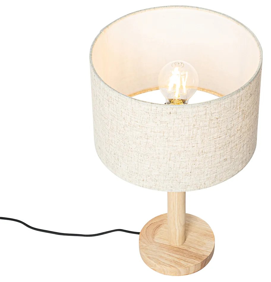 Rustikální stolní lampa dřevo s lněným stínítkem béžová 25 cm - Mels