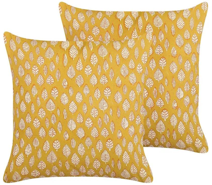 Sada 2 bavlněných polštářů vzor listů 45 x 45 cm žluté GINNALA Beliani