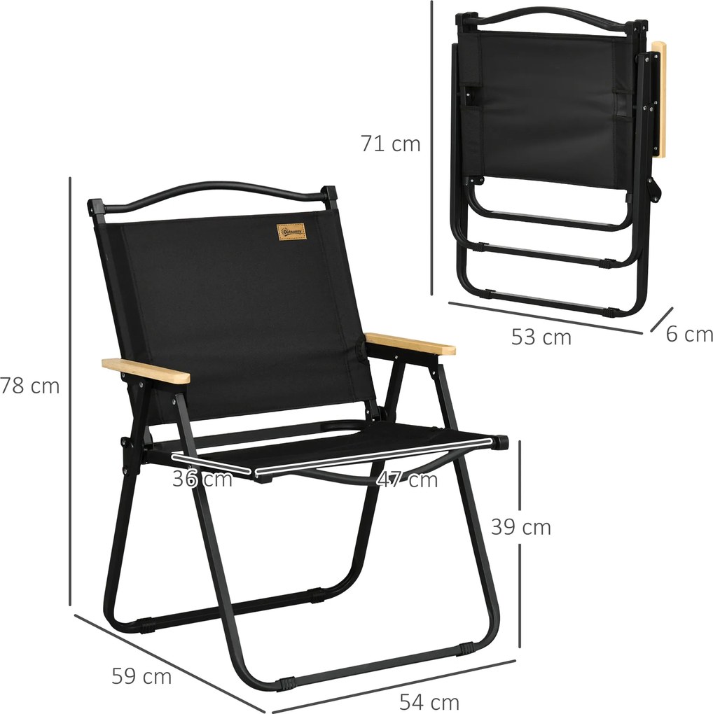 Kempingové židle, 2 x plážová židle, skládací, ocel, vzhled dřeva, černá