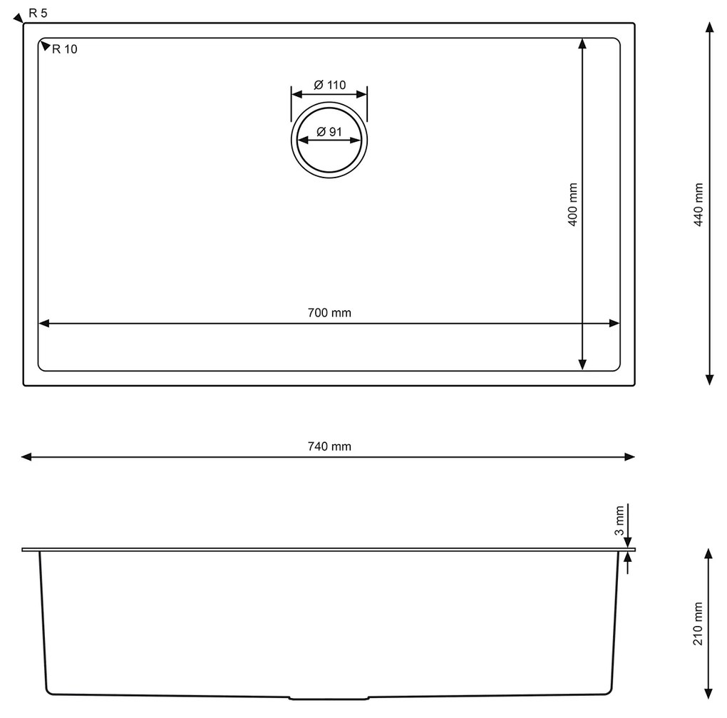 Erga HD, 1-komorový ocelový dřez 740x440x210 mm, ocelová, ERG-MLS-HD7444