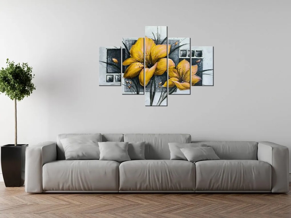 Gario Ručně malovaný obraz Nádherné žluté Vlčí máky - 5 dílný Rozměry: 150 x 105 cm