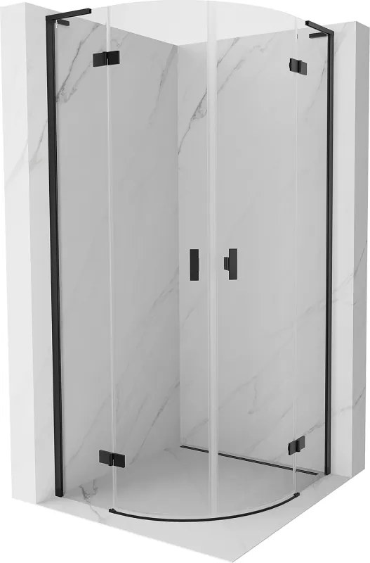Mexen Mist L, čtvrtkruhový sprchový kout s 2-křídlými dveřmi, 90 x 90 cm, čiré sklo, černý profil, 8A33L-090-090-70-00