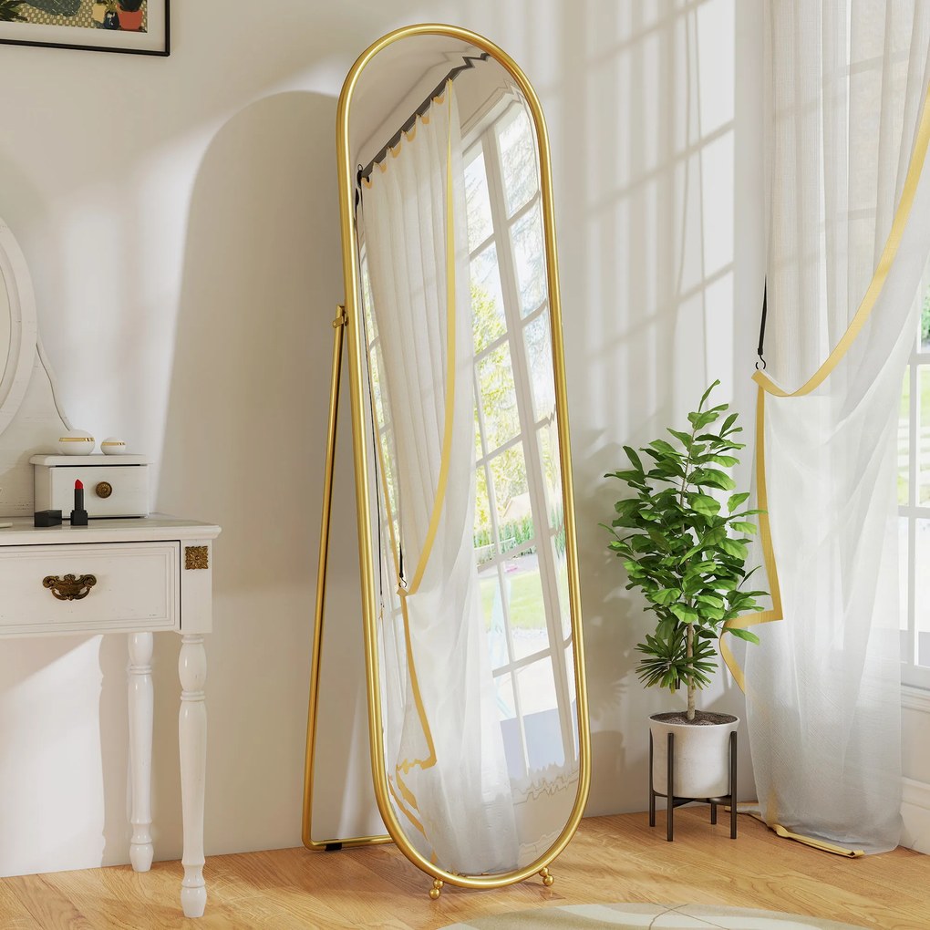 HOMCOM oválné celoformátové volně stojící zrcadlo, 50 × 180 cm — nerozbitné sklo, kovový rám a stojan, zlaté — do ložnice, obýváku, předsíně