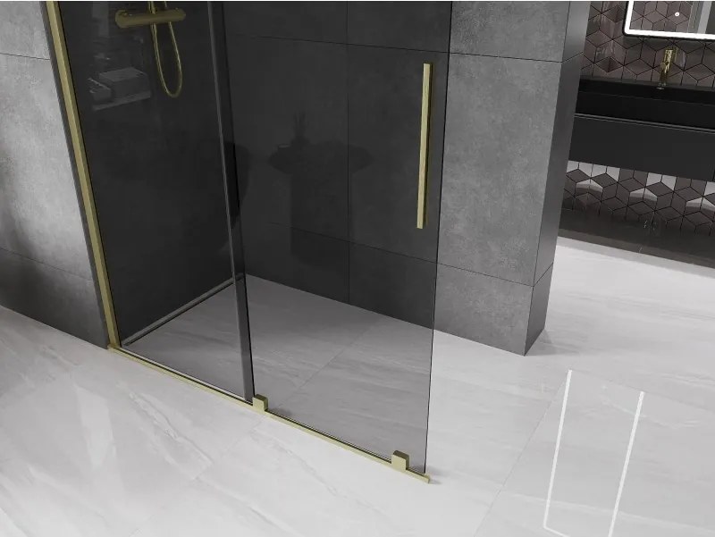 Mexen Velar, sprchová zástěna s posuvnými dveřmi Walk-in 150 x 200 cm, 8mm šedé sklo, zlatá matná, 871-150-000-43-55