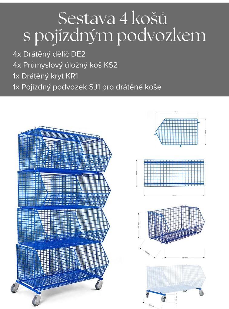 FEROPLAST spol. s.r.o Průmyslový úložný koš KS2, kompletní set 4 košů na kolečkách